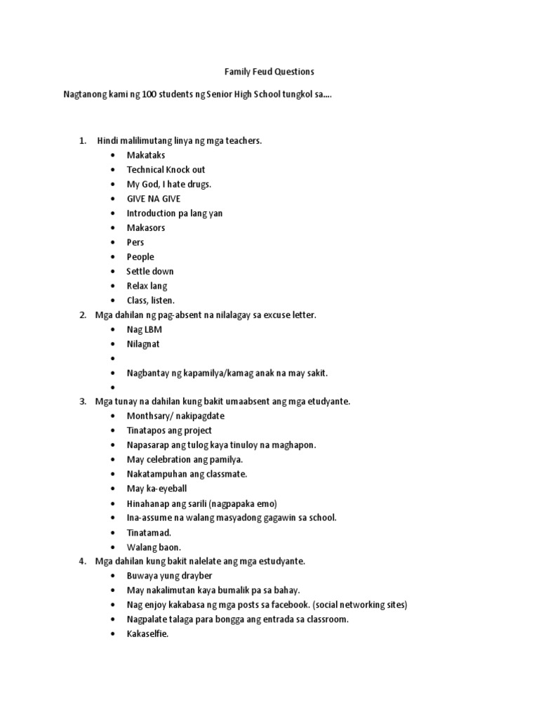 Family Feud Questions | PDF