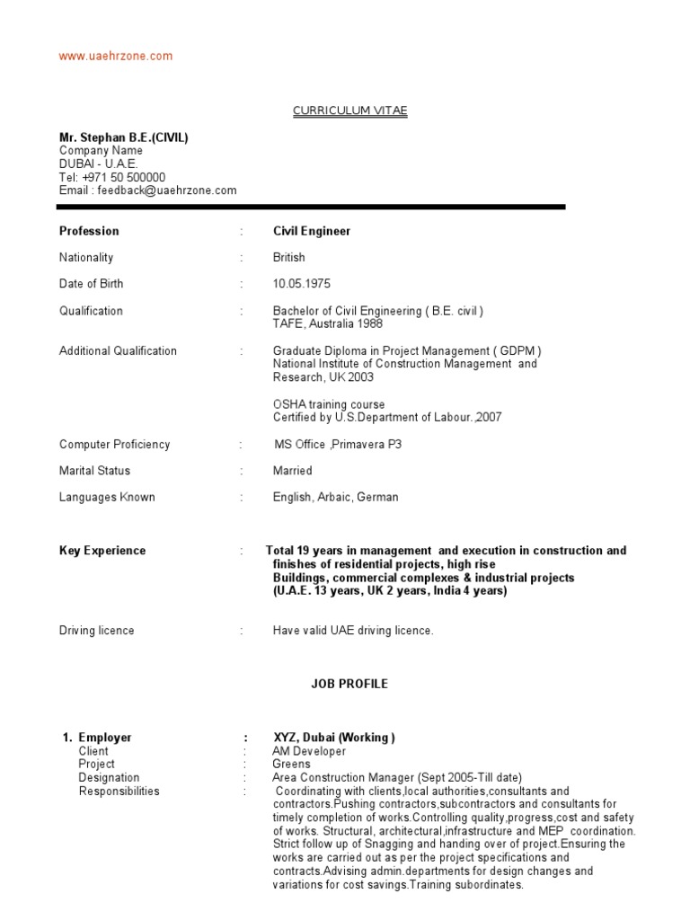 Sample Civil Enginer CV | PDF | Construction Management | Economic Sectors
