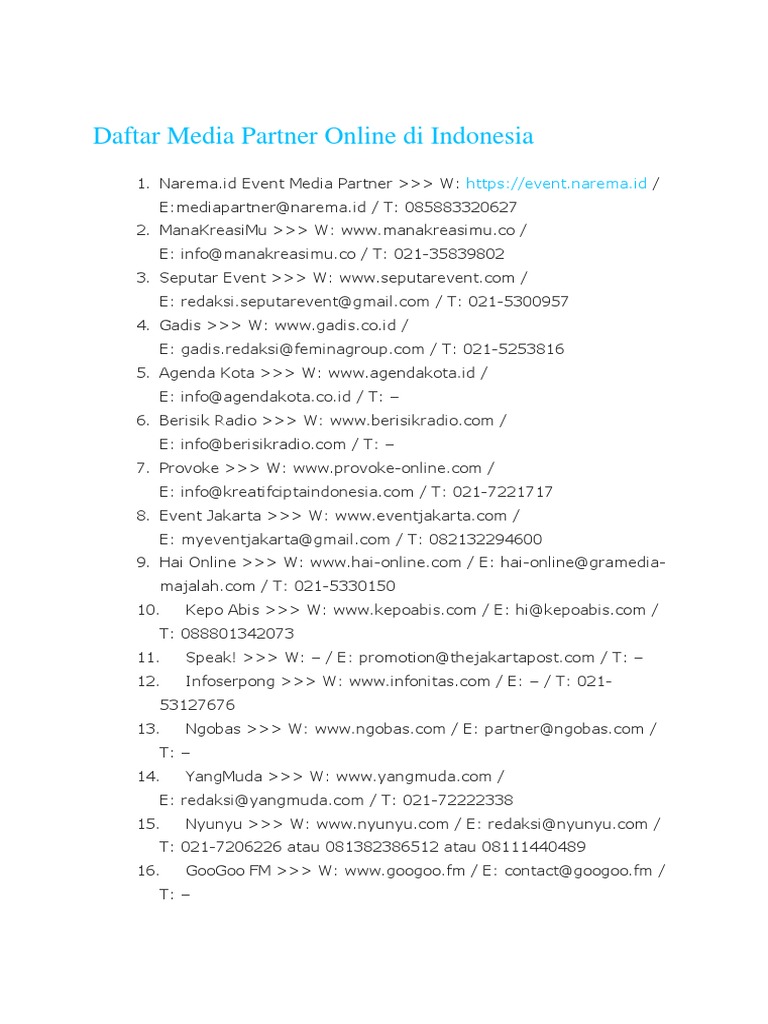 Daftar Media Partner Indonesia Online | PDF