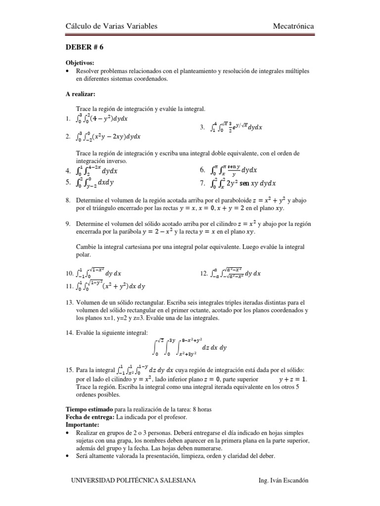 Calculo Varias Variables Deber 06 | PDF | Integral | Análisis