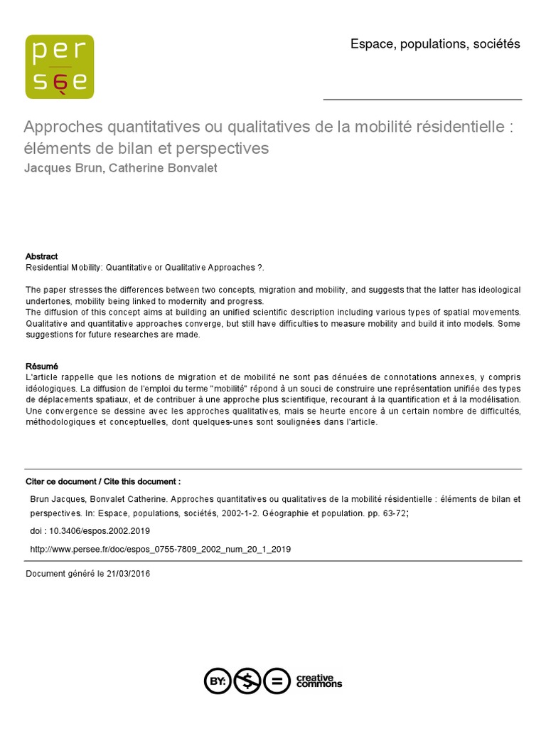Approches Quantitatives Ou Qualitatives de La Mobilité Résidentielle ...