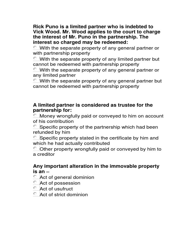 Quiz On Limited Partnership | PDF | Partnership | General Partnership
