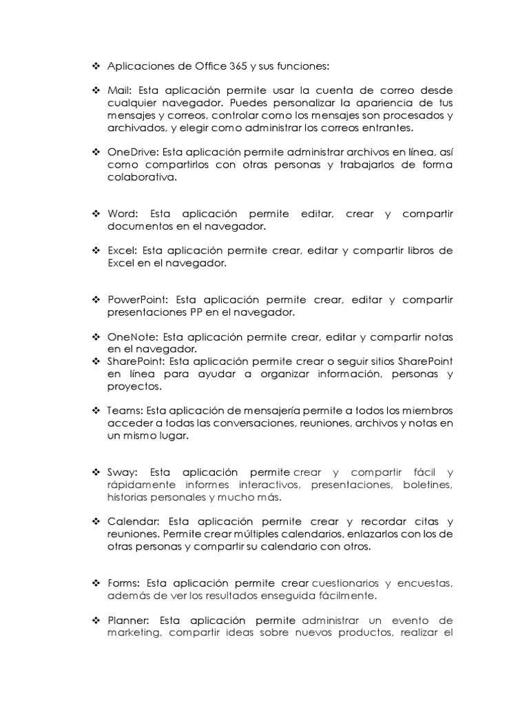 Aplicaciones de Office 365 y Sus Funciones | PDF | Microsoft | Informática Aplicaciones de Office 365 y Sus Funciones | PDF | Microsoft | Informática
