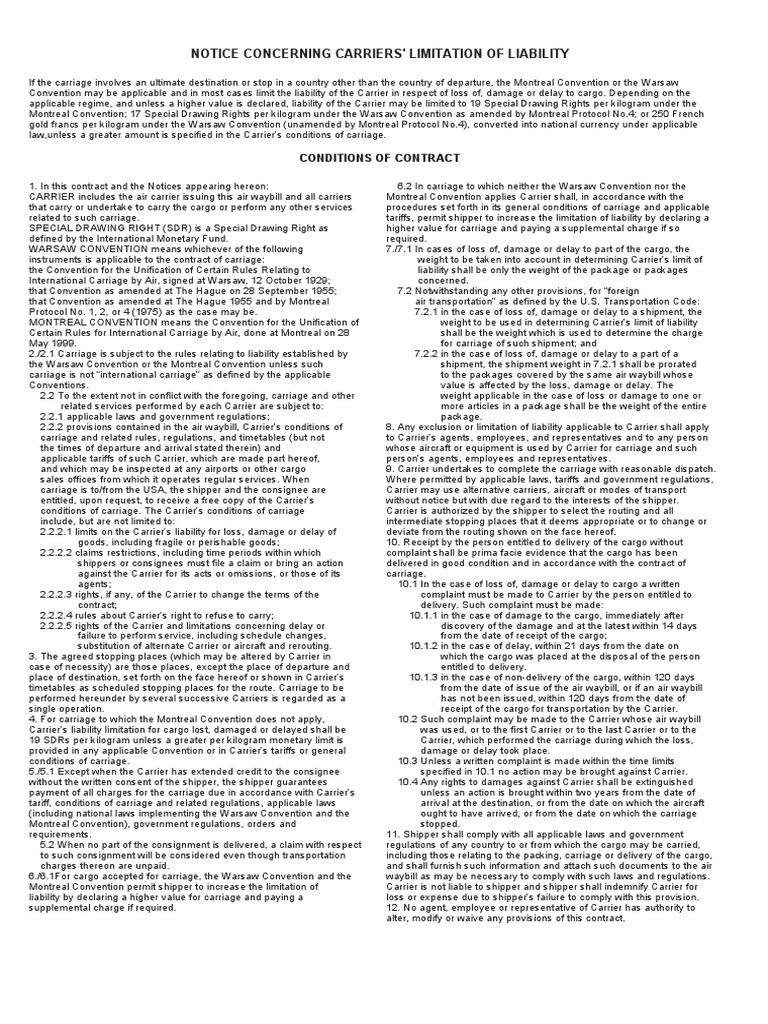 Notice Concerning Carriers' Limitation of Liability | PDF | Common ...