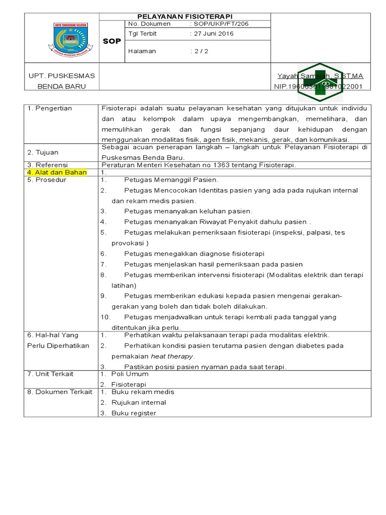 Sop Pelayanan Fisioterapi | PDF