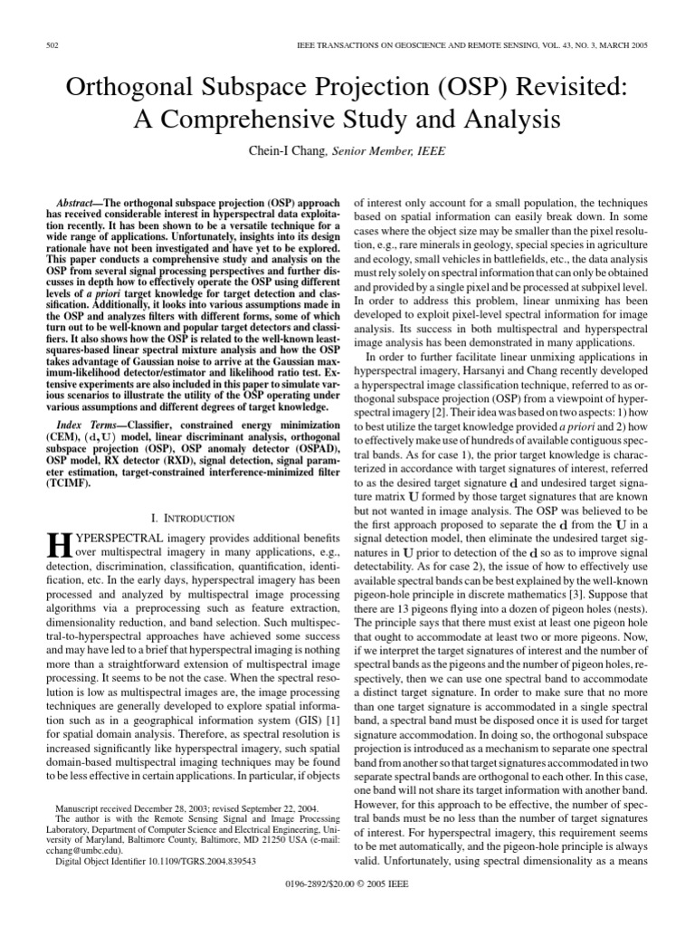 Orthogonal Subspace Projection (OSP) Revisited: A Comprehensive Study ...