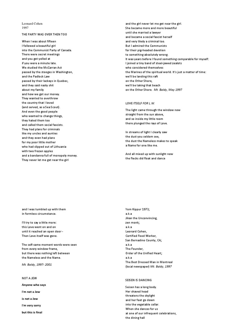 Leonard Cohen Poems | PDF