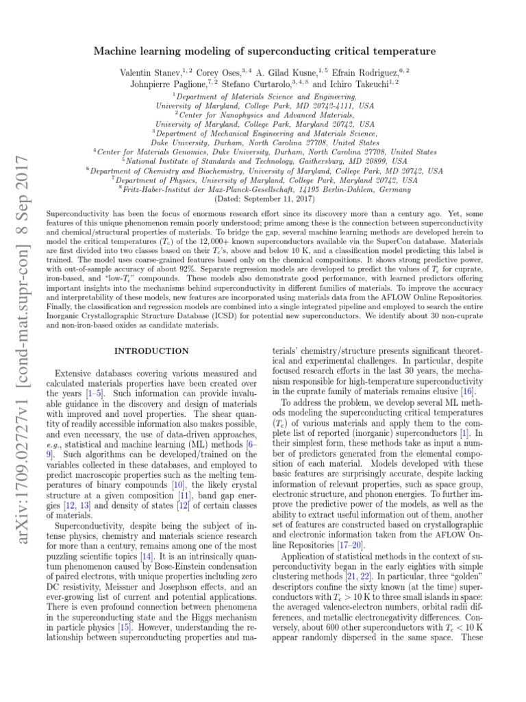 Machine Learning Modeling of Superconducting Critical Temperature | PDF | Superconductivity ...