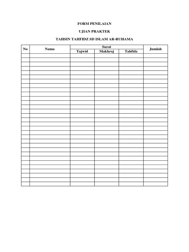 Form Penilaian Ujian Praktek Tahsin Tahfidz SD Islam Ar-Ruhama Surat ...