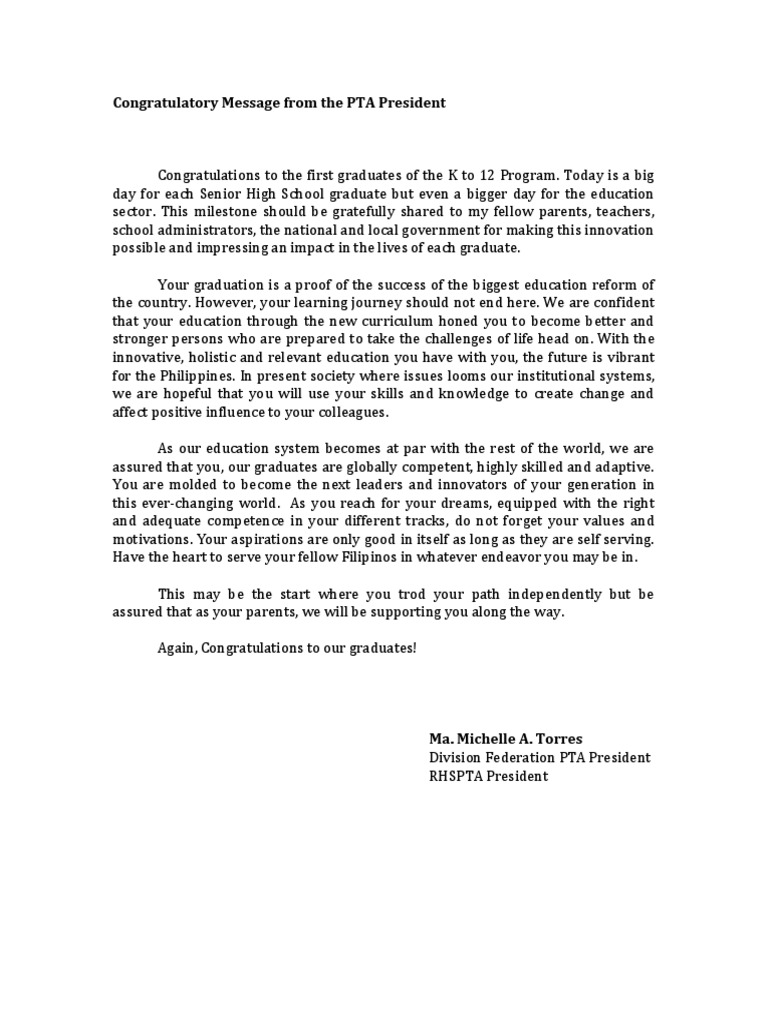 Congratulatory Message From The PTA President For Graduating Batch of RHS Senior HS | PDF