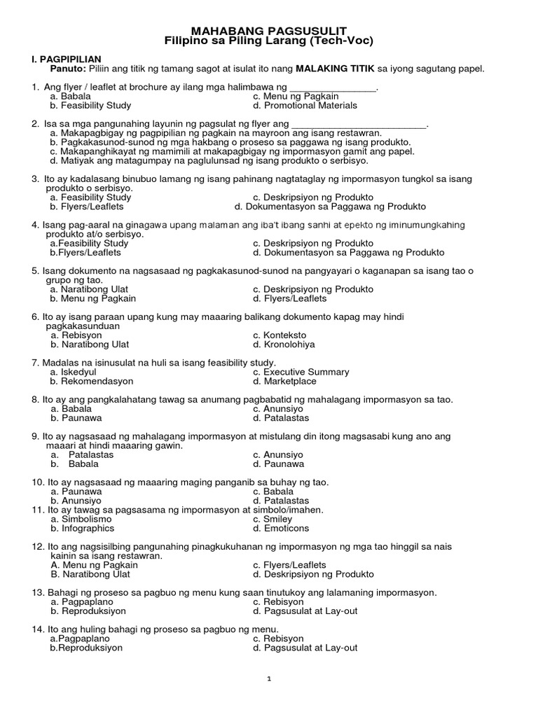 Mahabang Pagsusulit Filipino Sa Piling Larang (Techvoc) | PDF