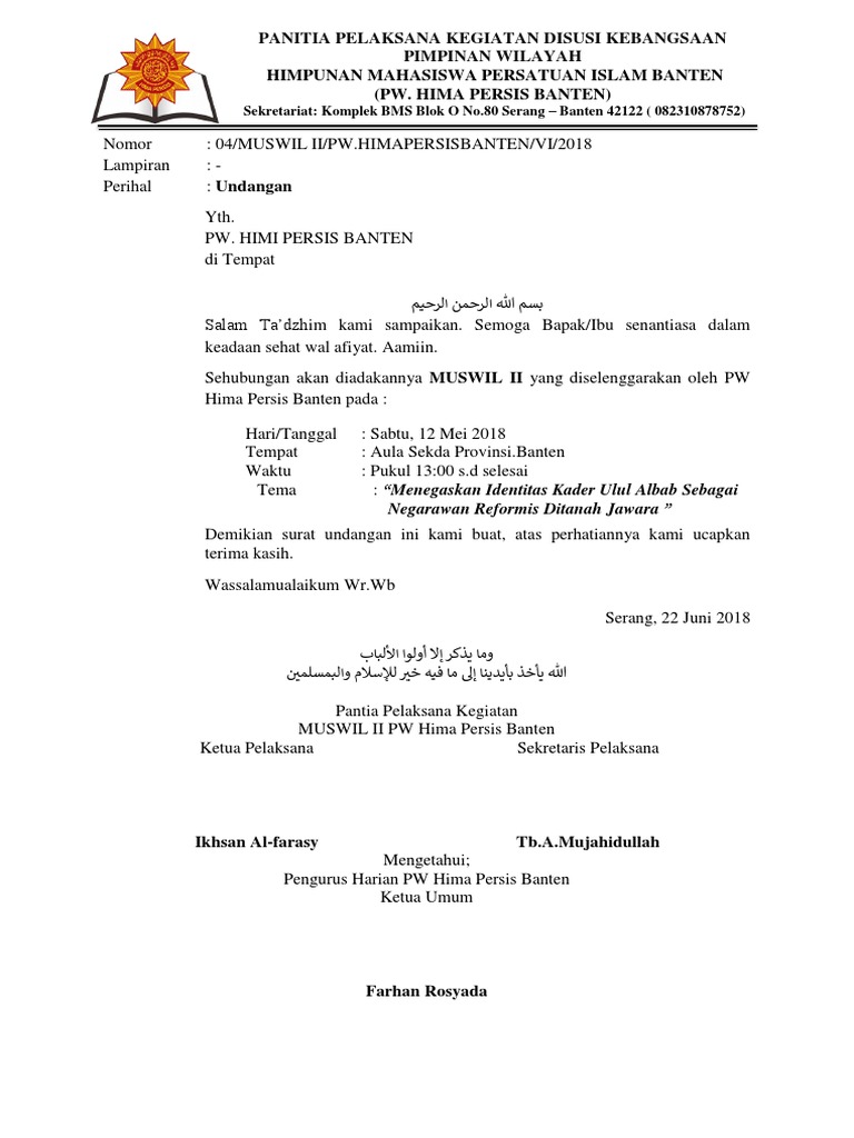 Surat Undangan PW HIMI Persis Banten | PDF