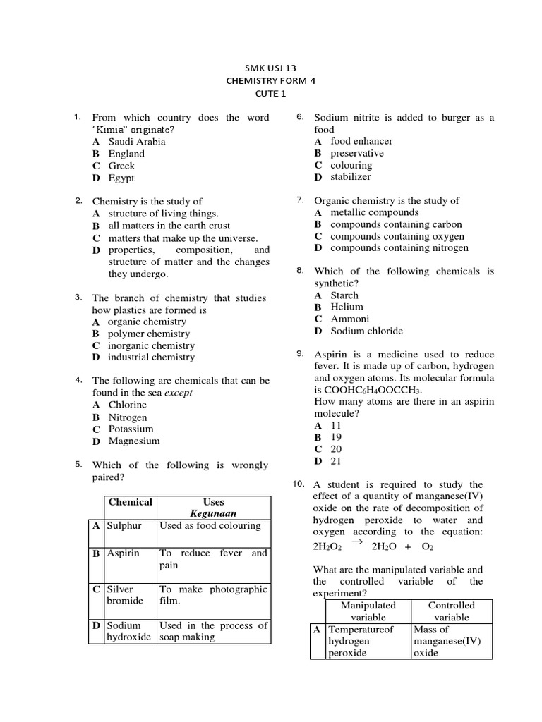 Chemistry Form 4 Questions | PDF | Carbon | Hydrogen Peroxide