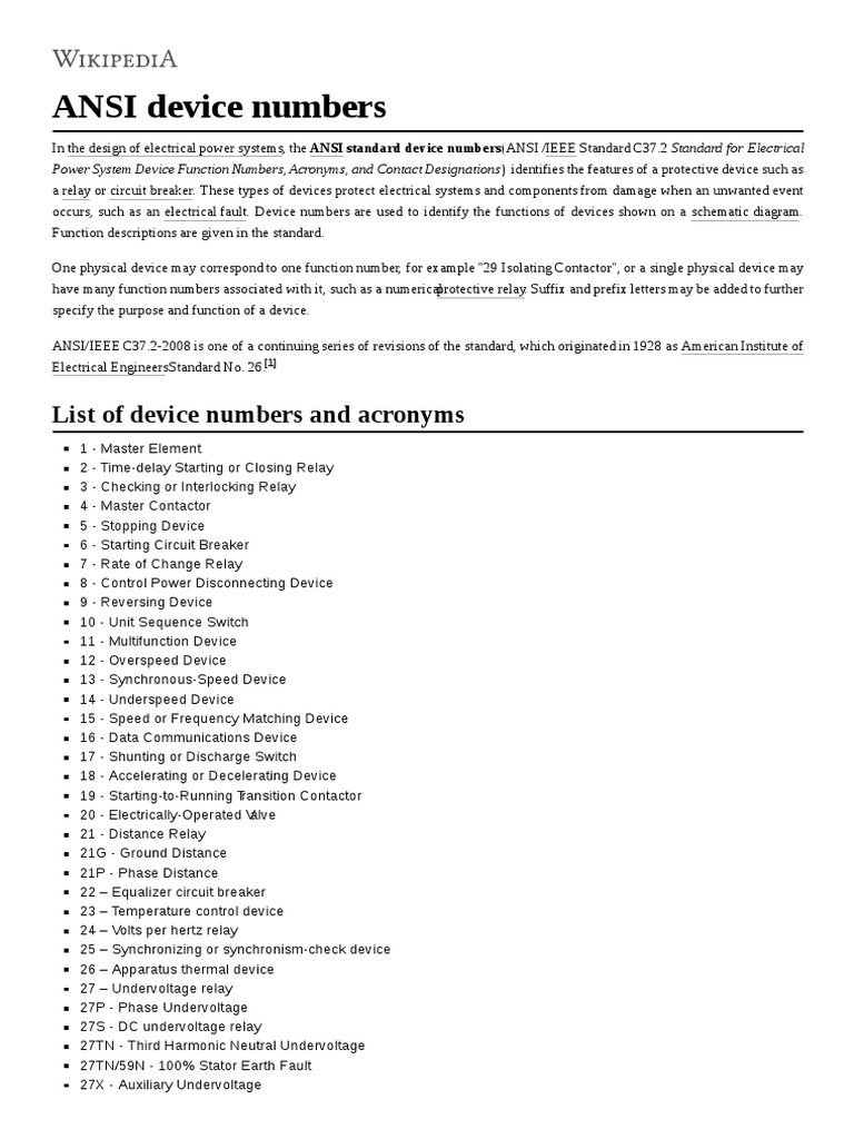 ANSI Device Numbers | PDF | Relay | Components
