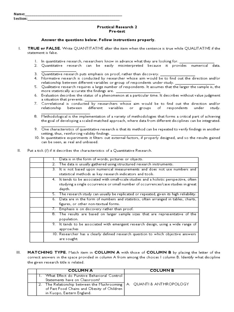 Practical Research 2 Pre-Test Questionnaire | PDF | Quantitative ...