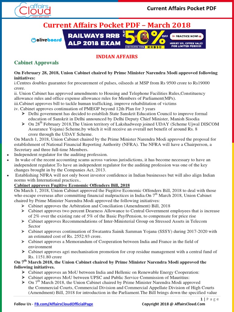 Current Affairs Pocket PDF - March 2018 by AffairsCloud | Download Free ...