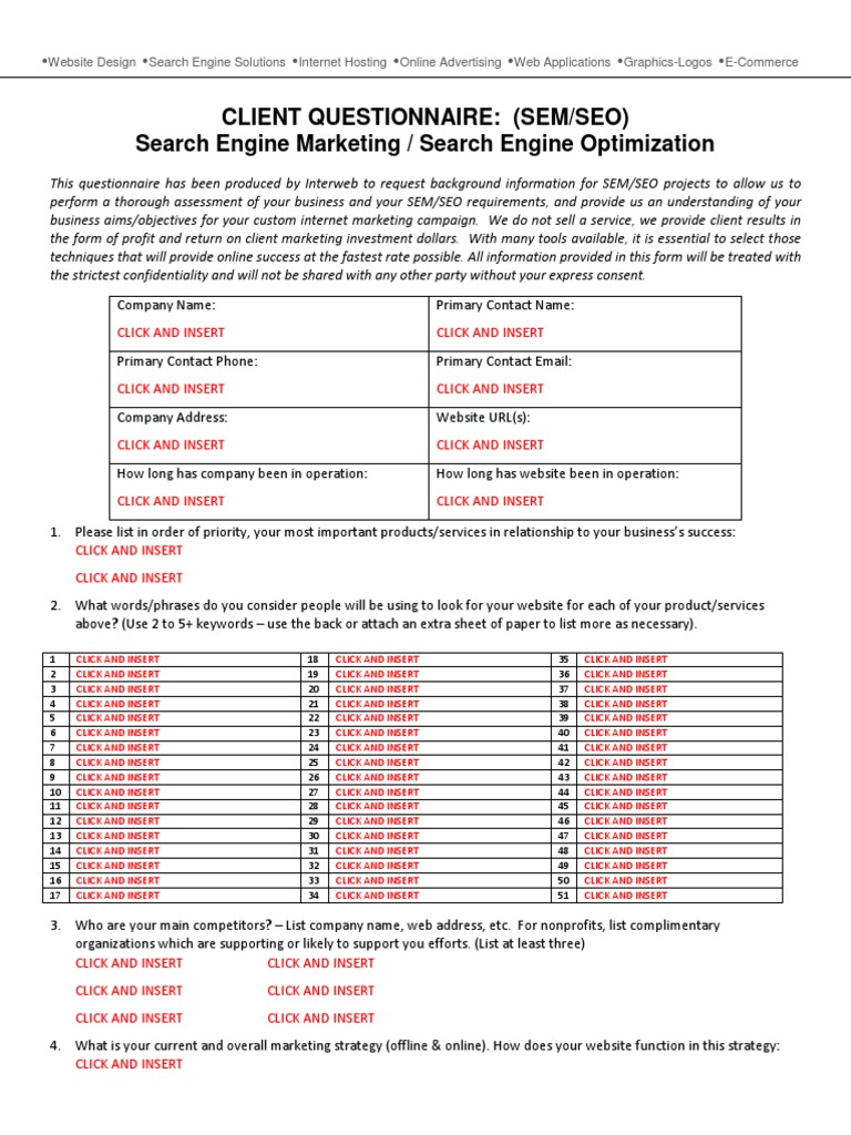 Client Questionnaire SEO, PPC | PDF | Search Engine Marketing | Search ...