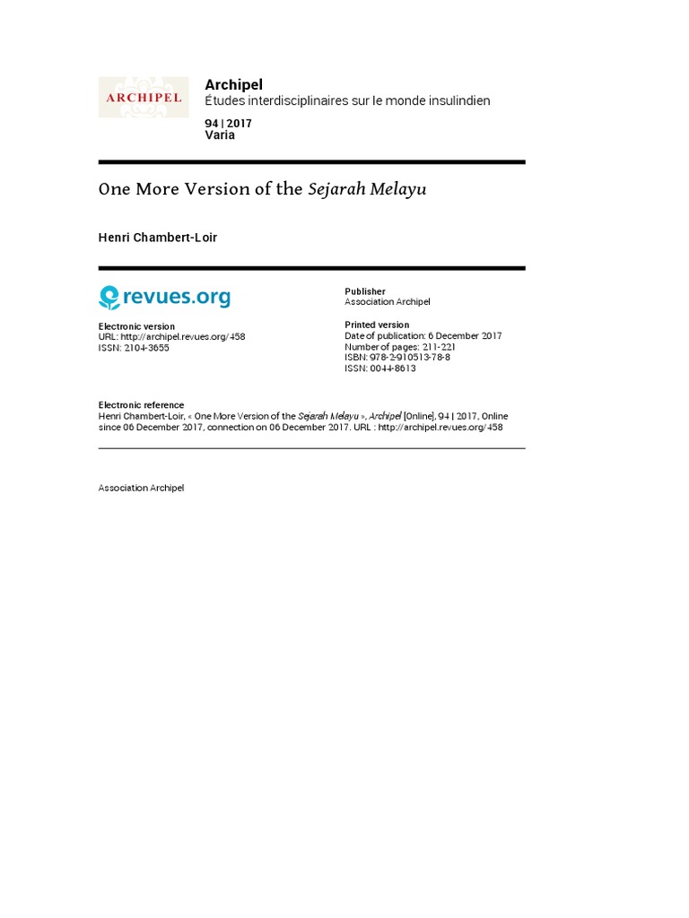 One More Version of The Sejarah Melayu: Archipel | PDF | Sic | Writing