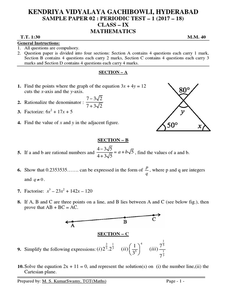 Class 9 Maths Periodic Test 1 Sample | PDF | Factorization | Equations