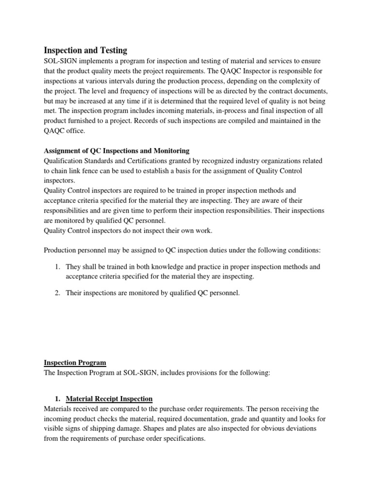 Inspection and Testing: Assignment of QC Inspections and Monitoring ...
