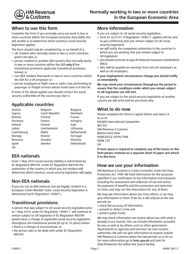 A1 Application Form Multiple Eu State European Economic Area Social