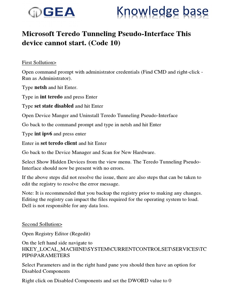 Microsoft Teredo Tunneling Pseudo-Interface This Device Cannot Start. (Code 10) | PDF | Command ...