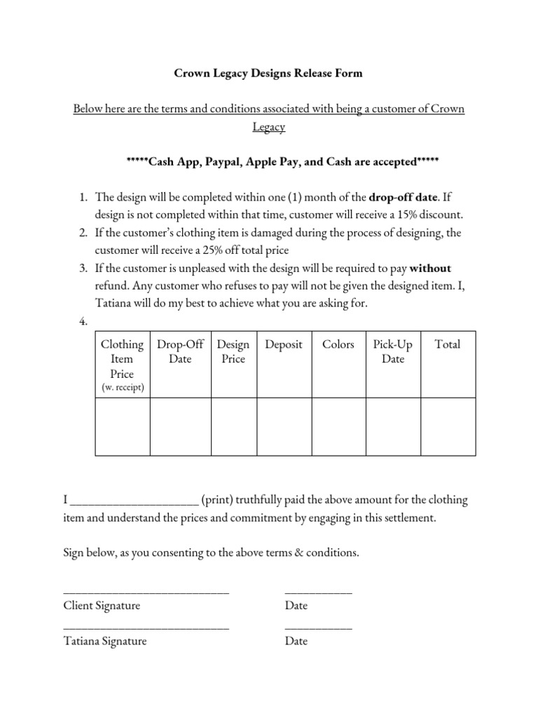 Crown Legacy Designs Release Form2 | PDF
