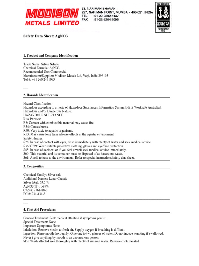AgNO3 MSDS | PDF | Silver | Ammonia