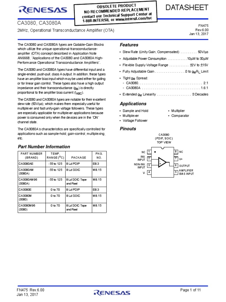 CA3080, CA3080A: Features | PDF | Amplifier | Electronics