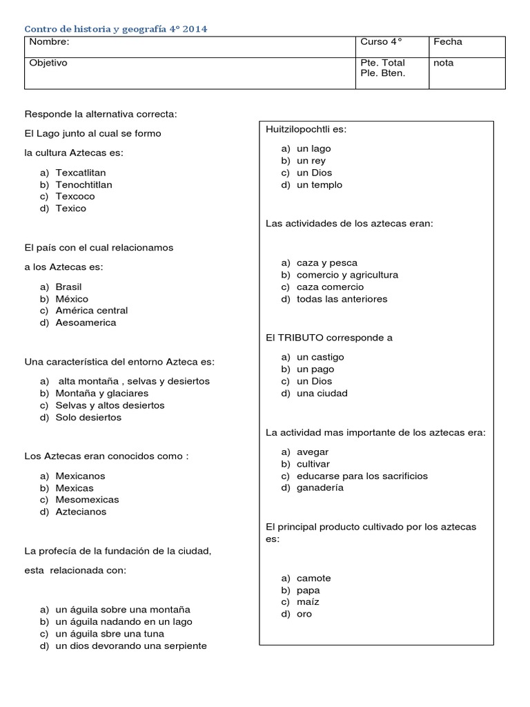 Prueba Aztecas | PDF | azteca | Agricultura