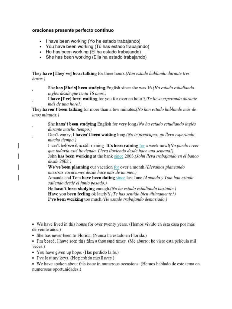 Oraciones Presente Perfecto Continuo | PDF
