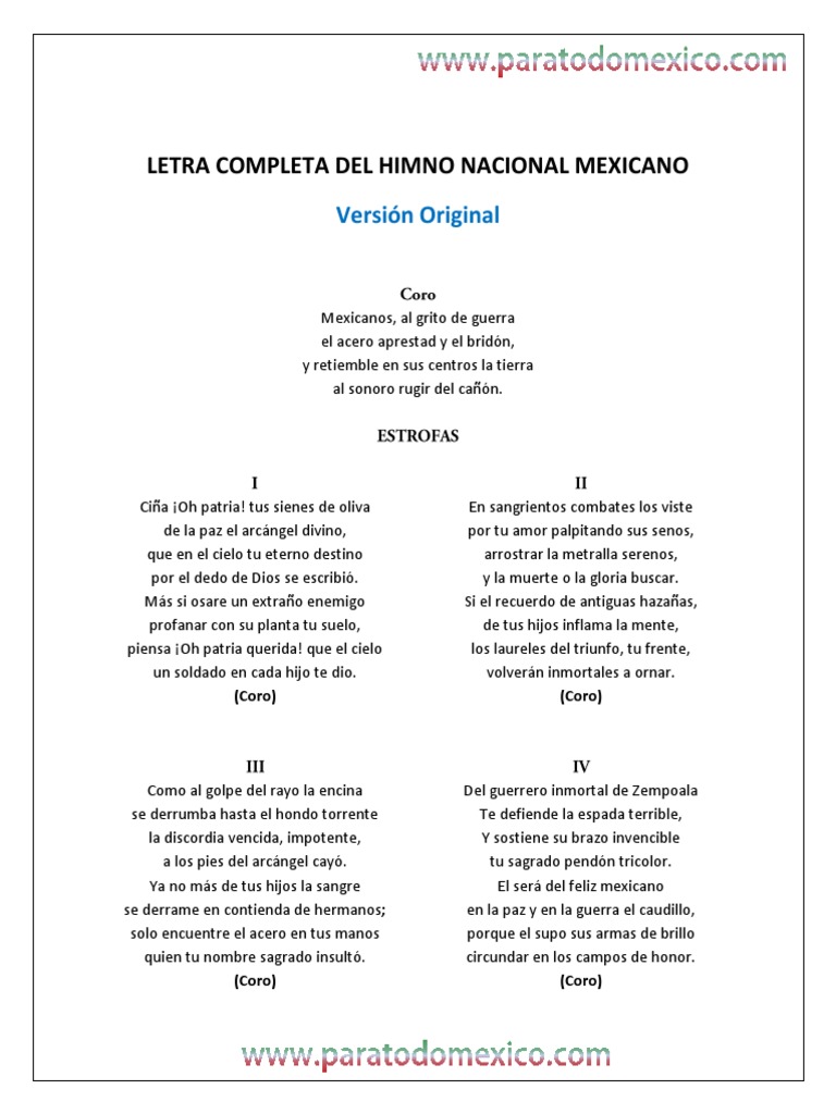 Letra Completa Del Himno Nacional Mexicano Version Original | PDF