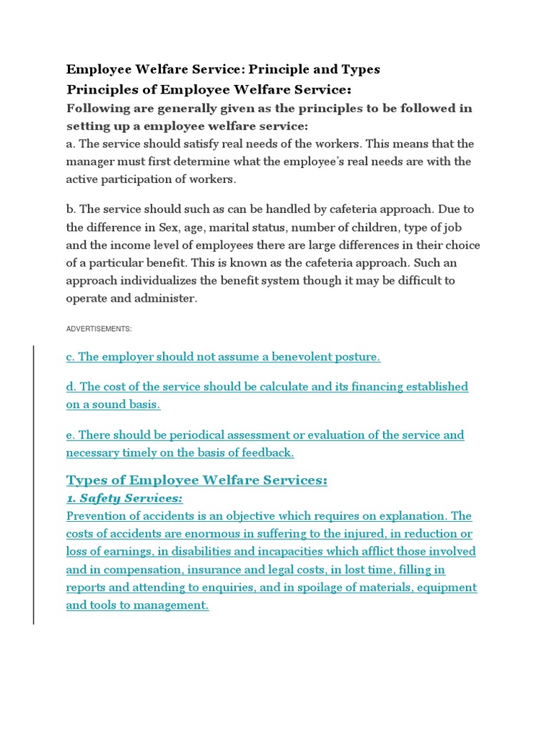 Employee Welfare Services: Principles & Types | PDF | Employment ...