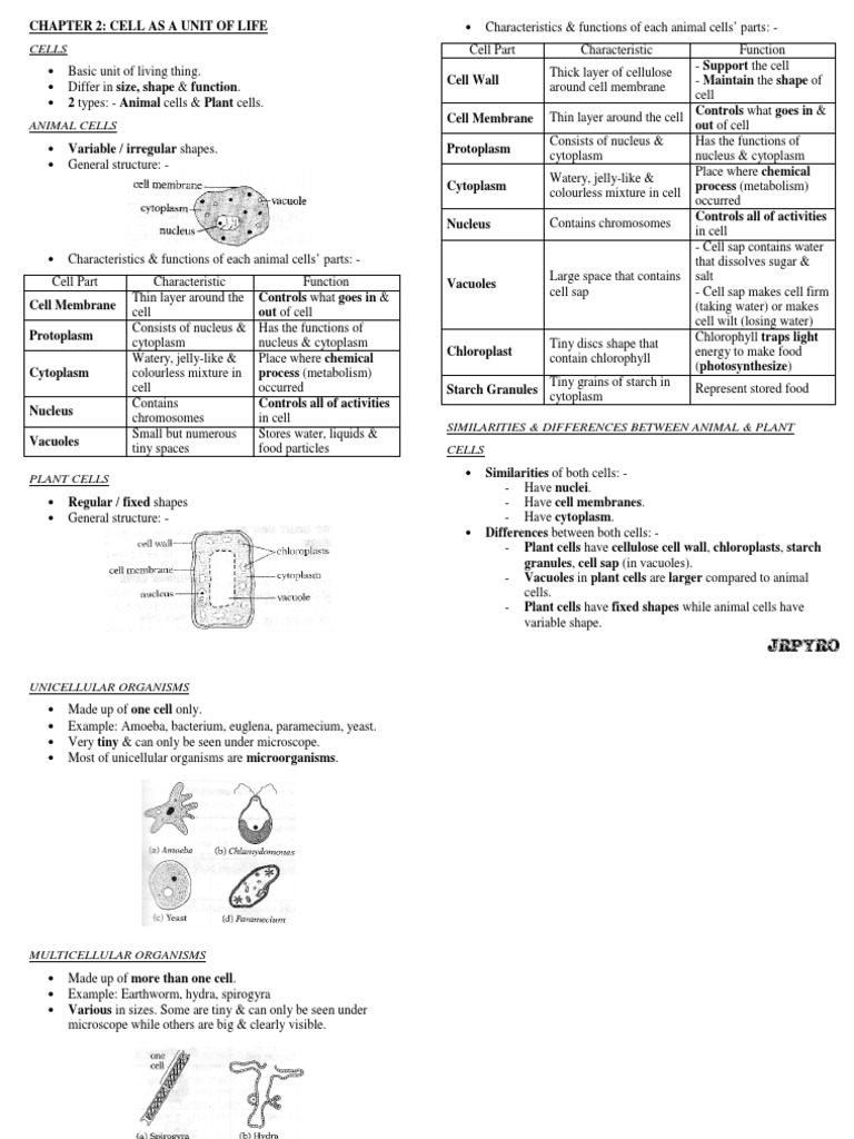 Cell As A Unit of Life (Science Form 1 - Short Notes) | Download Free ...