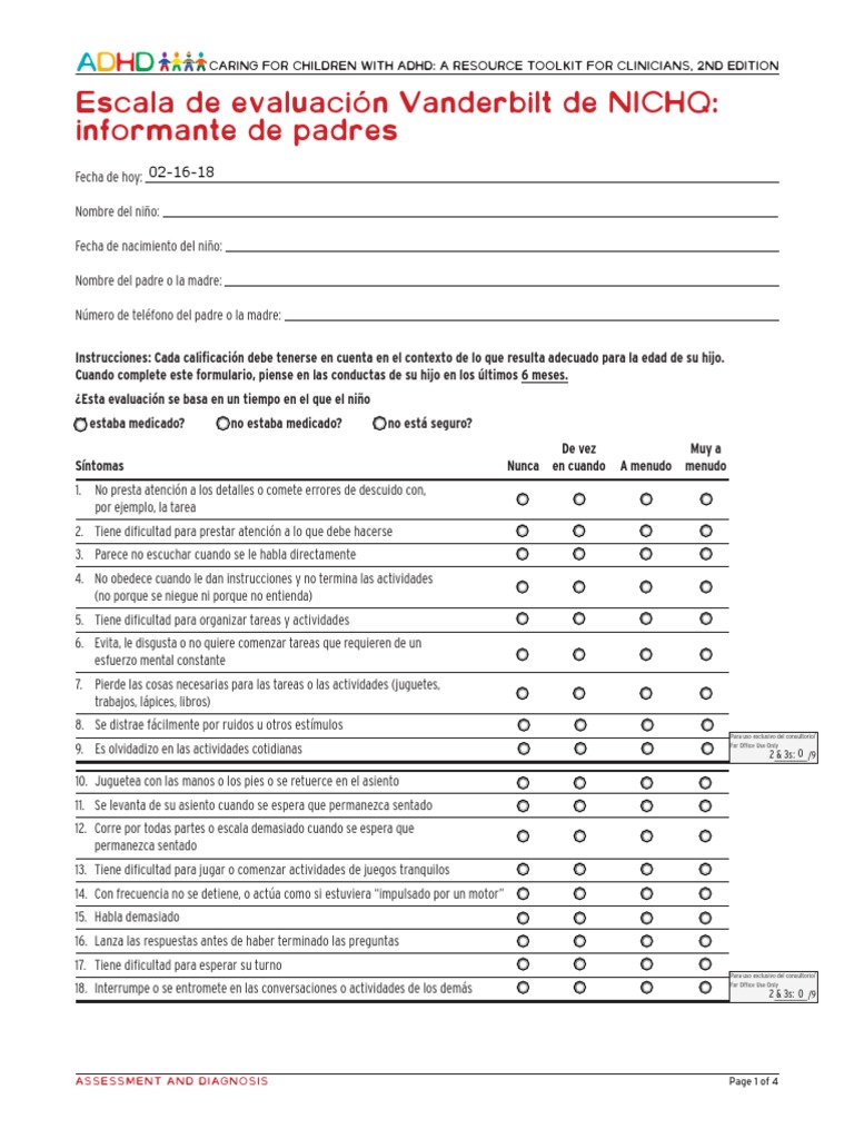 NICHQ Vanderbilt Initial Parent Assessment Scale Spanish | PDF ...