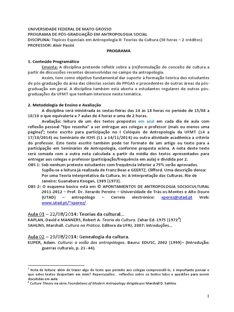 Ementa Teoria Antropológica II | PDF | Antropologia | Academia