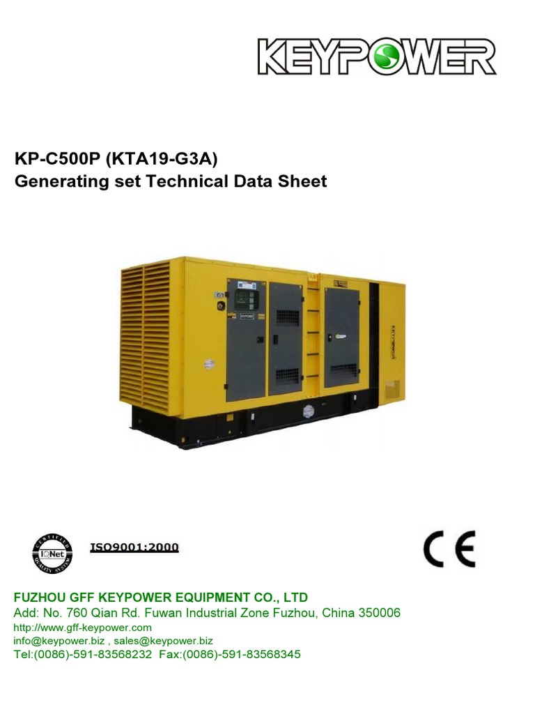 KP-C500P (KTA19-G3A) Generating Set Technical Data Sheet | PDF ...