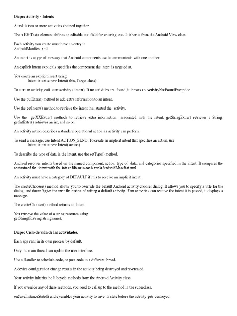 Diapo: Activity - Intents | PDF | Menu (Computing) | Databases