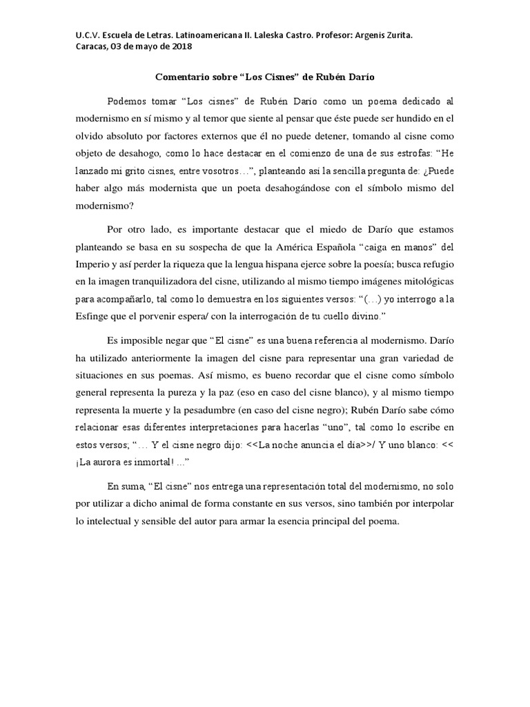 Análisis del poema "Los Cisnes" de Rubén Darío | PDF | Clásicos