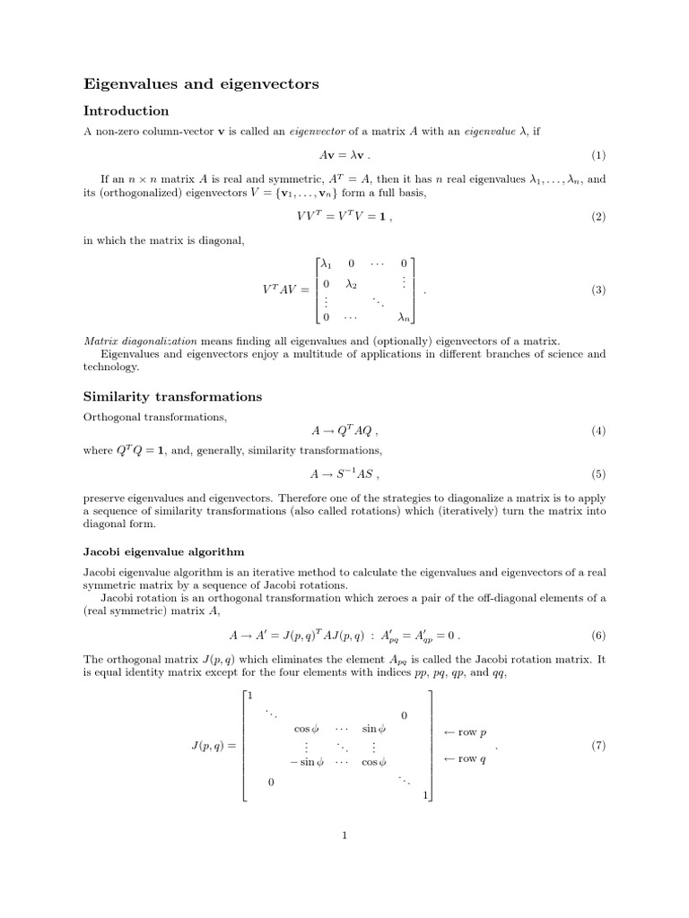 Eigenvalues and Eigenvectors: T 1 N 1 N T T | PDF | Eigenvalues And ...