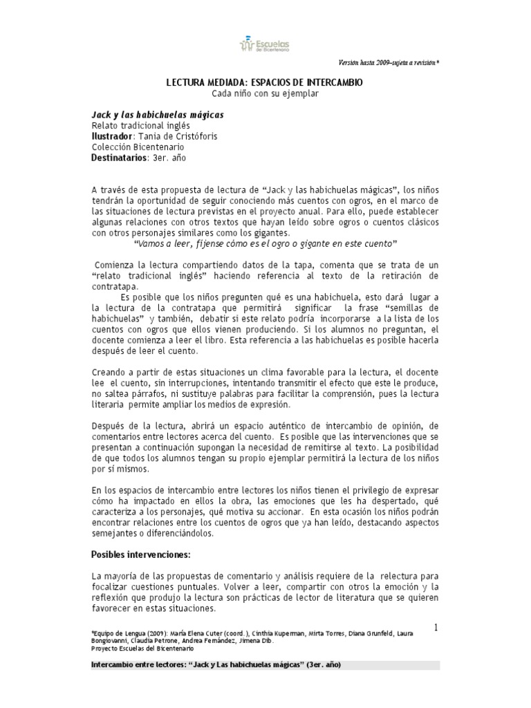 Secuencia para El Aula Jack y Las Habichuelas Magicas | PDF | Lectura ...