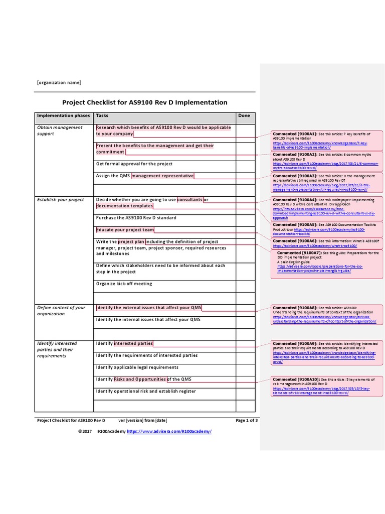 Project Checklist for AS9100 Implementation En | Internal Audit | Audit
