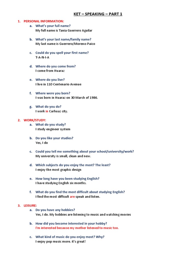 Ket - Speaking - Part 1: 1. Personal Information | PDF | Meal | Lunch