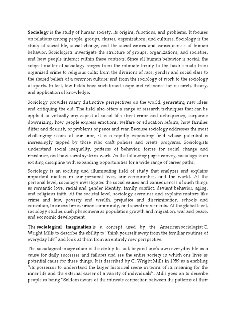 Sociology Is The Study of Human Social Relationships and Institutions ...