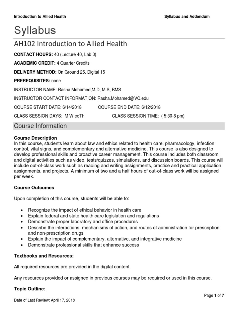Allied Health Course Syllabus AH102 | PDF | Alternative Medicine ...