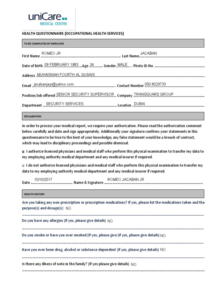Health Questionnaire (Occupational Health Services) | Fatigue (Medical ...