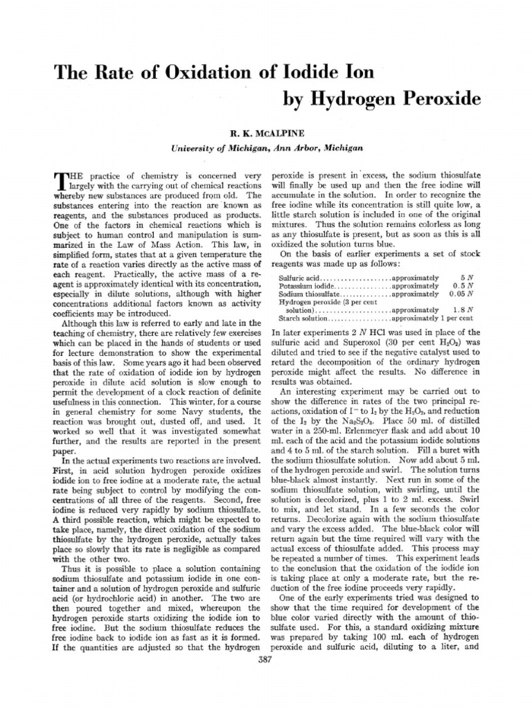The Rate of Oxidation of Iodide Ion PDF | PDF | Hydrogen Peroxide | Iodine
