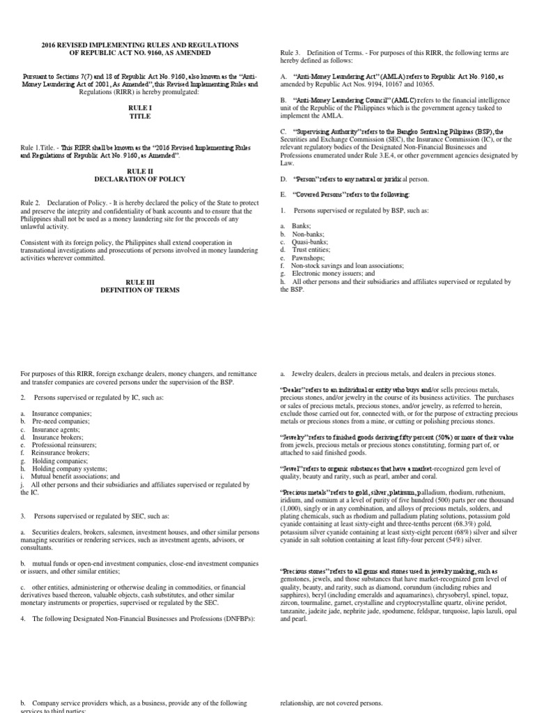 2016 Revised Implementing Rules and Regulations | Download Free PDF | Money Laundering | Gemstone