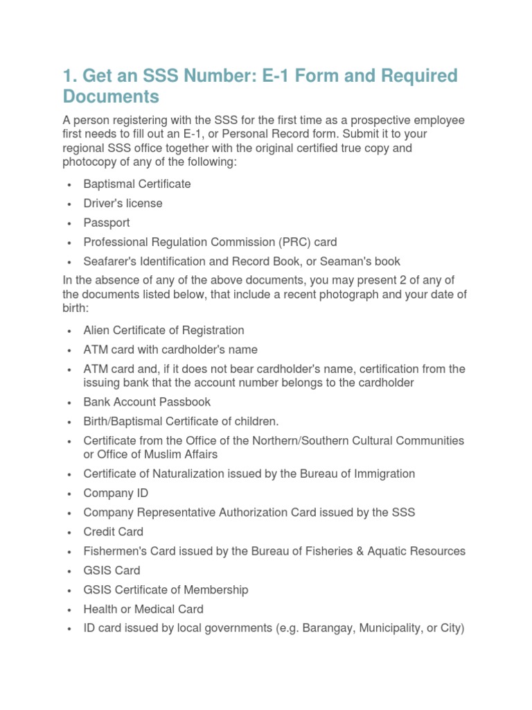 Get An SSS Number: E-1 Form and Required Documents | PDF