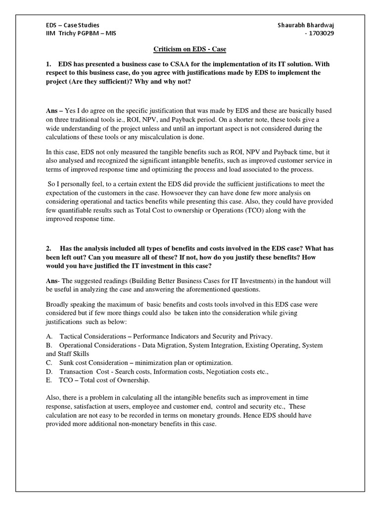 EDS Case Study Analysis | PDF | Total Cost Of Ownership | Cost